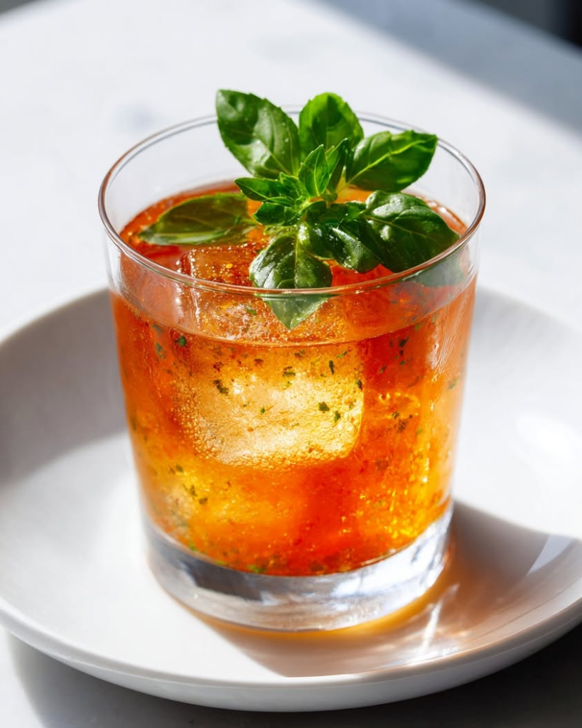 Chilled Tomato Water with Frozen Basil Oil Drop Recipe