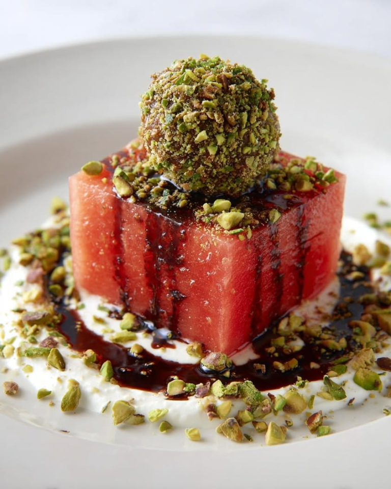 Frozen Watermelon Cubes with Pistachio Cheese Truffle & Balsamic Glaze