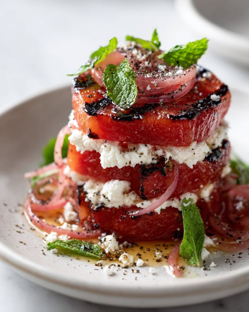 Grilled Watermelon Tower with Whipped Ricotta & Pickled Onions