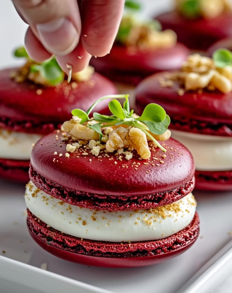 Savory Beet Macarons with Goat Cheese and Walnut Crunch
