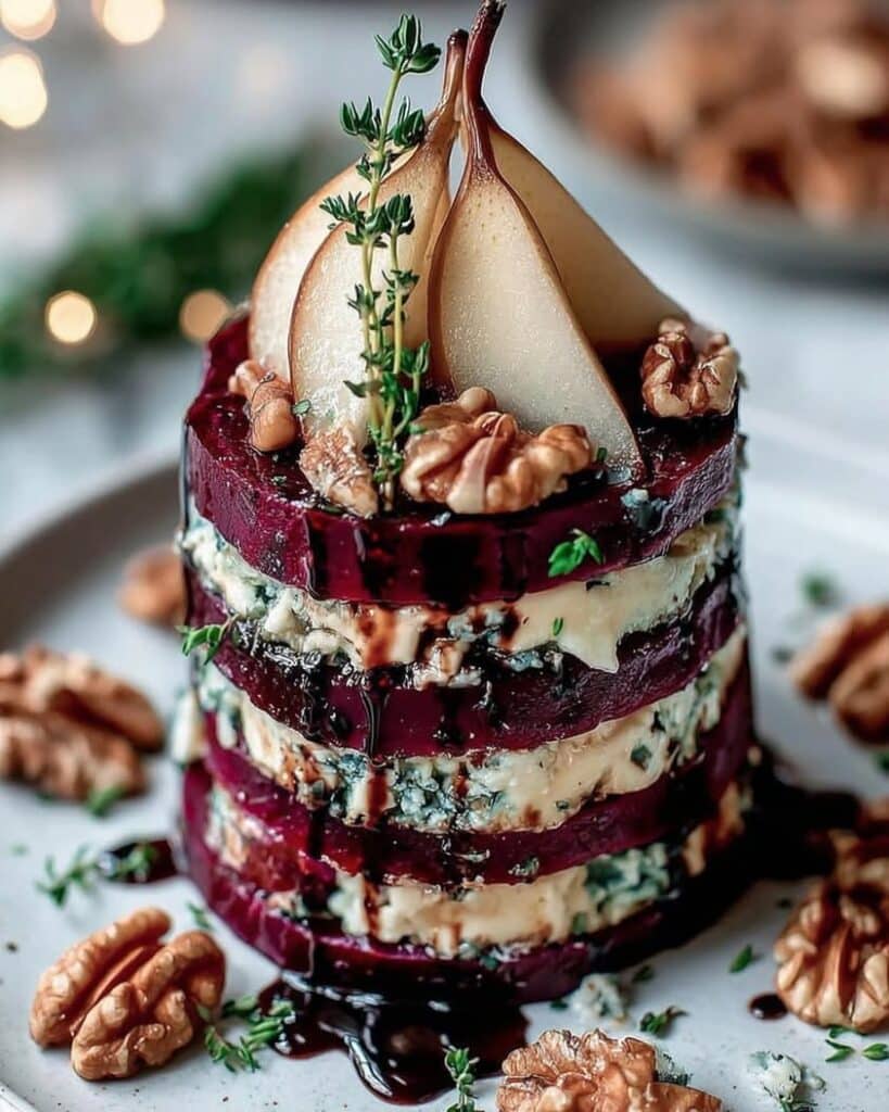 Roasted Beet Towers with Blue Cheese, Pear, and Balsamic Glaze