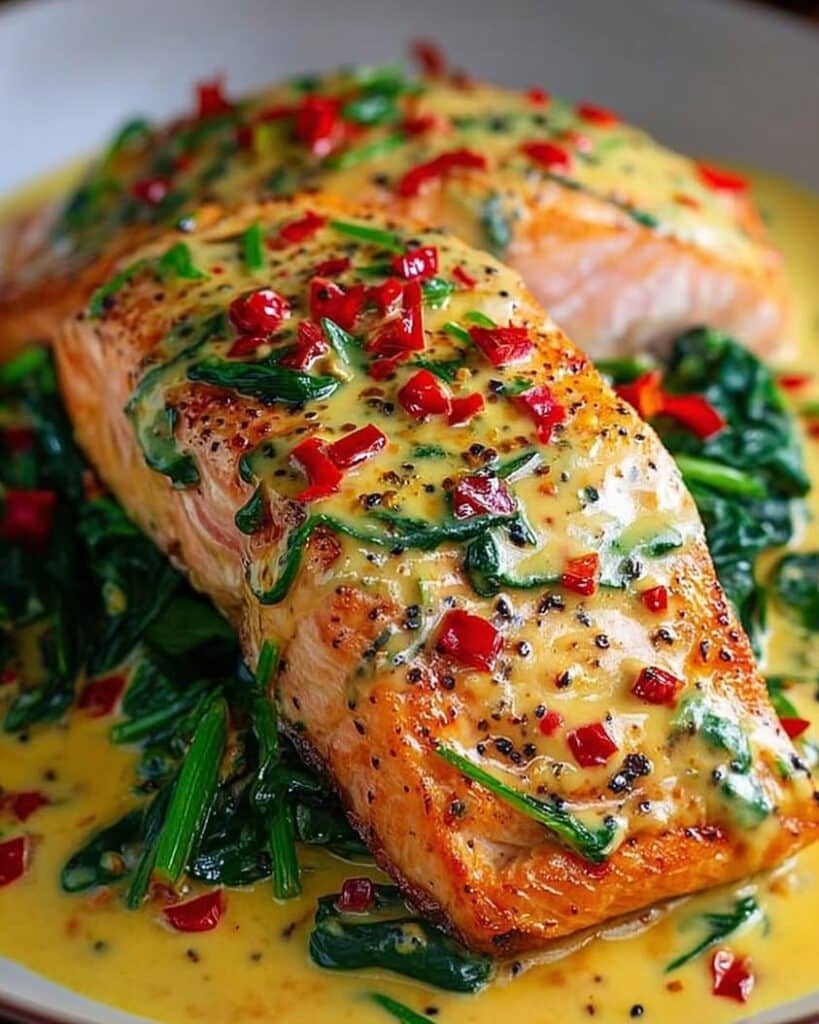 Easy Roasted Salmon with Creamy Spinach and Roasted Red Pepper
