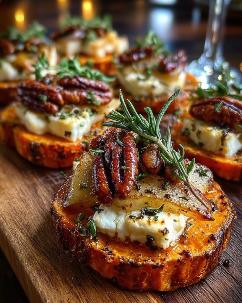 Caramelized Sweet Potato Rounds with Brie and Spiced Pecans