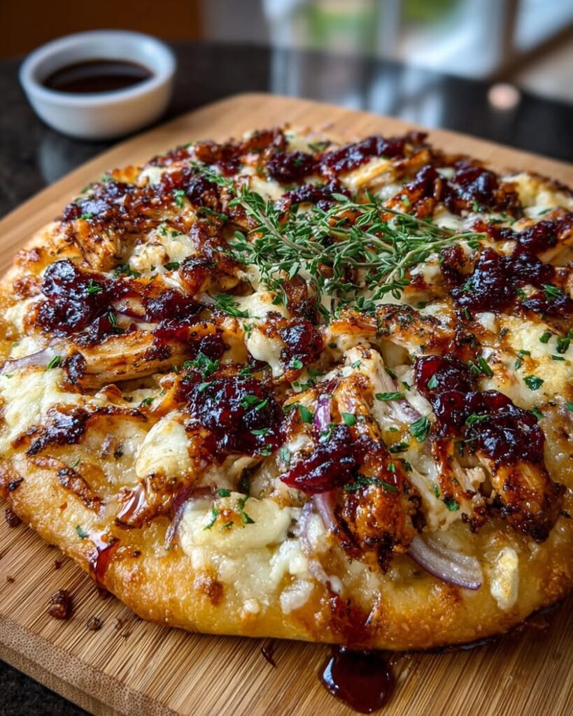 Cranberry Chicken and Brie Pizza with Hot Honey Drizzle