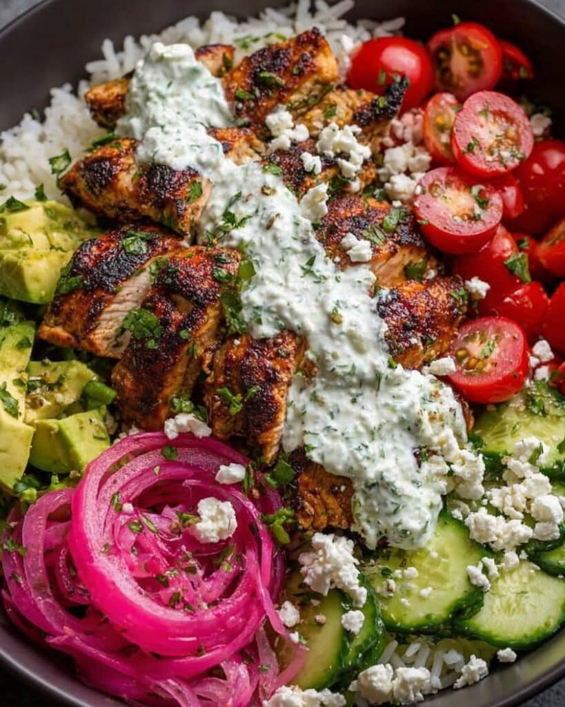 Mediterranean Chicken Rice Bowl with Creamy Tzatziki and Feta