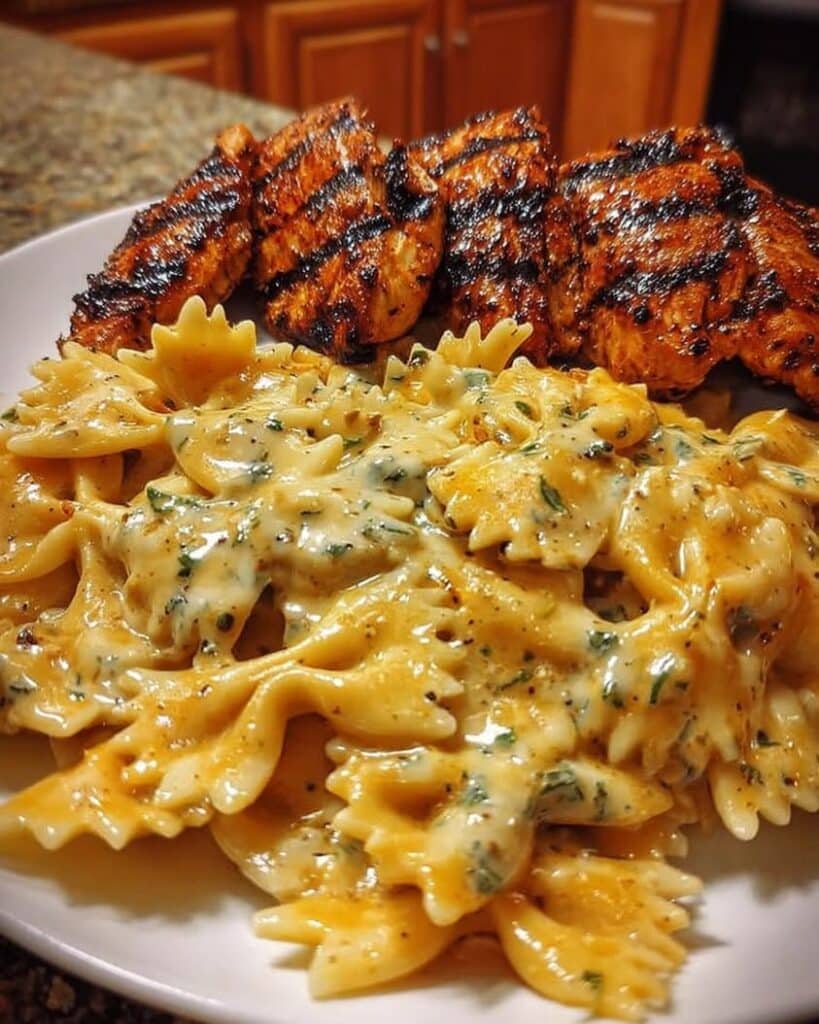 Creamy Mozzarella Garlic Butter Chicken Pasta Bowtie Recipe