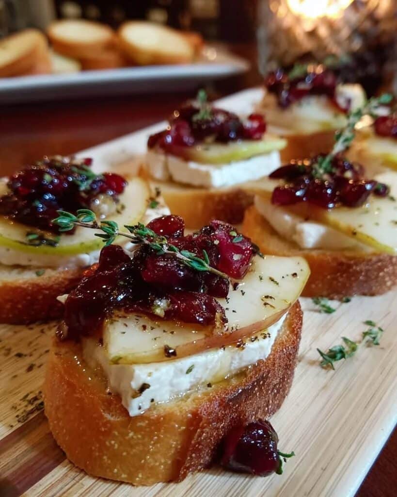 Pear, Brie, and Cranberry Crostini with Thyme Honey