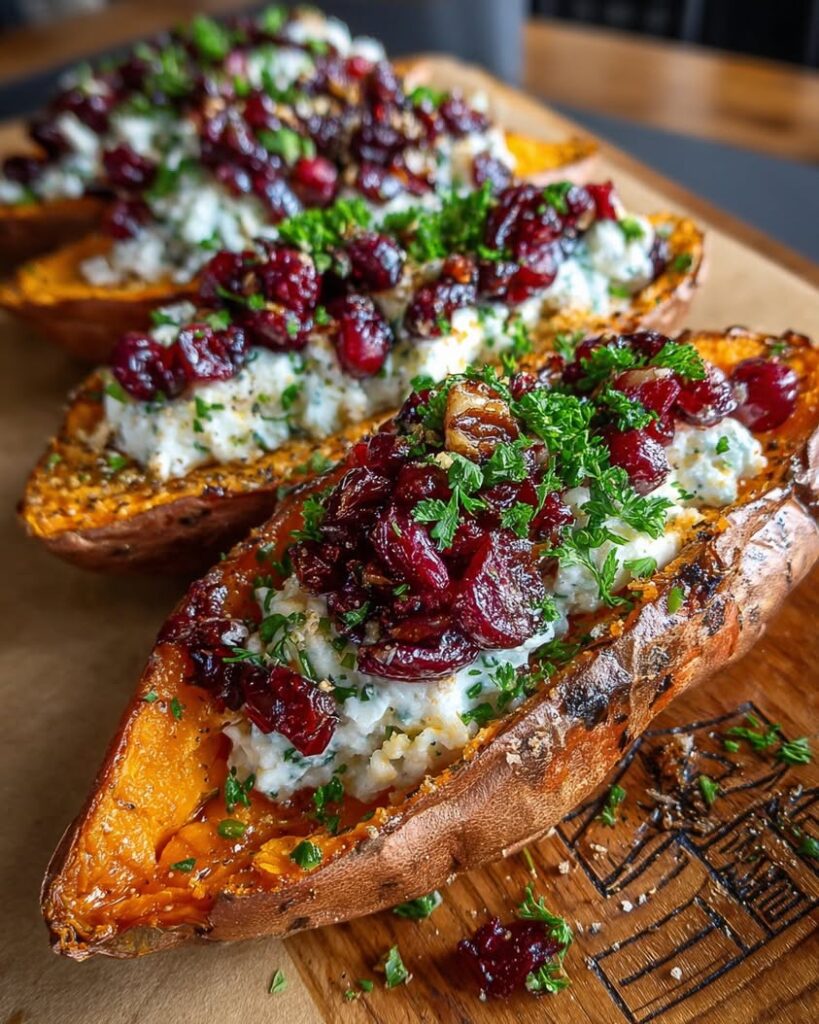 Roasted Sweet Potato Boats with Ricotta and Cranberry Salsa