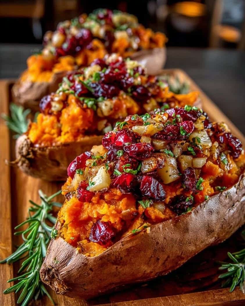 Savory Roasted Sweet Potatoes with Apple Cranberry Filling