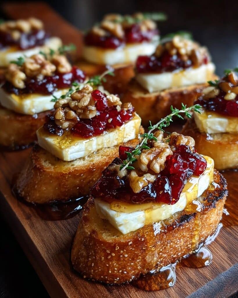 Warm Brie Crostini with Cranberry Walnut and Hot Honey
