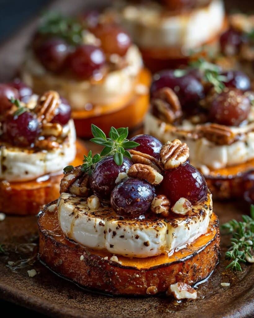Warm Sweet Potato Rounds with Camembert and Honey-Pecan Drizzle