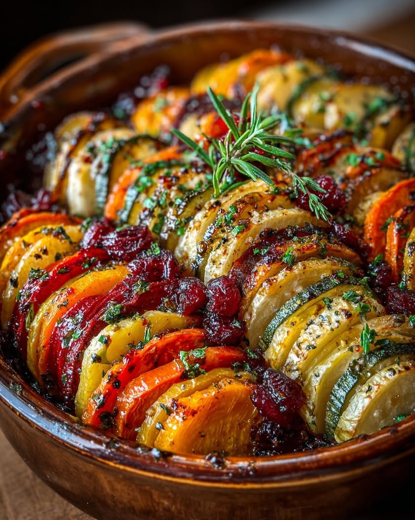 Autumn Vegetable Layer Bake with Cranberry-Maple Glaze Recipe