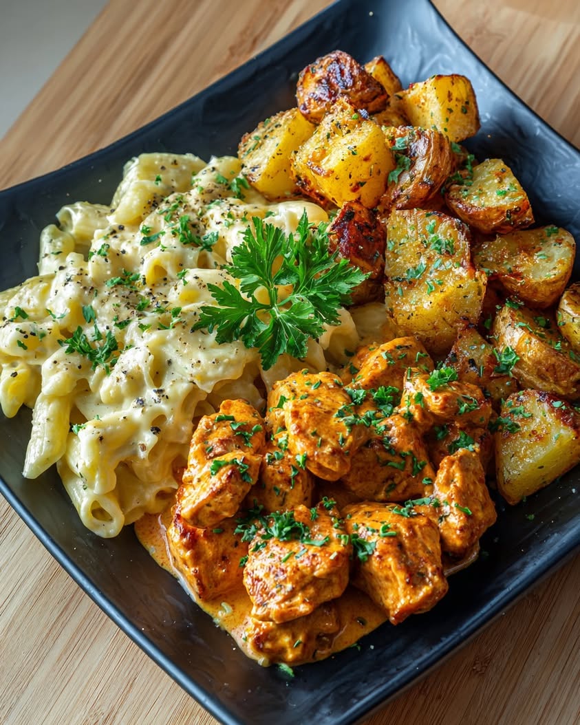 Triple Delight Dinner: Creamy Chicken with Herb Potatoes & Mac