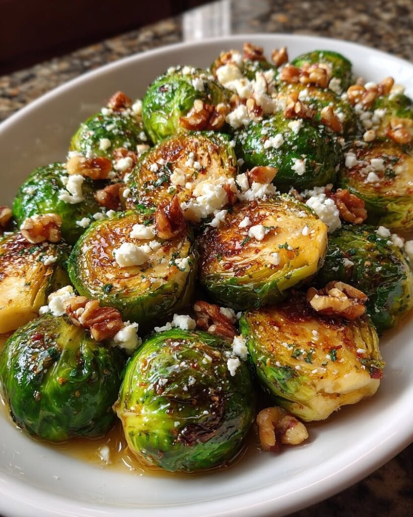 Caramelized Brussels Sprouts with Feta, Walnuts & Hot Honey Drizzle