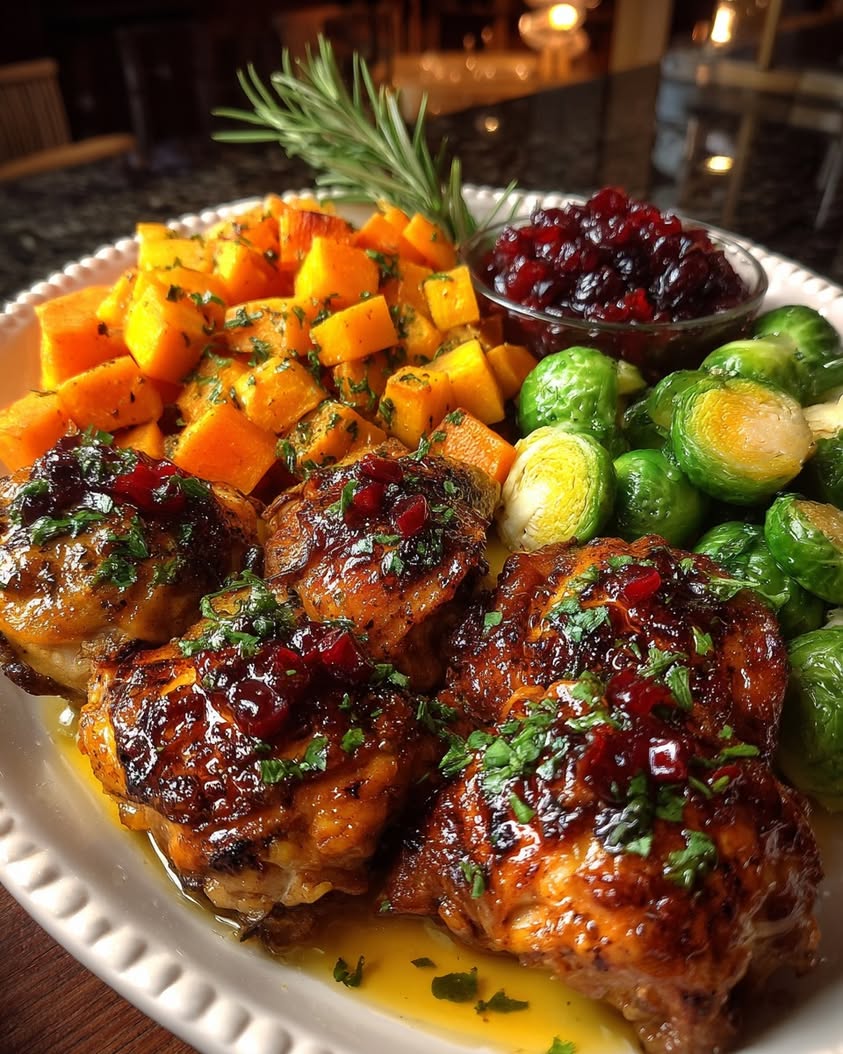 Cranberry Hot Honey Chicken Thighs with Sweet Potatoes and Brussels