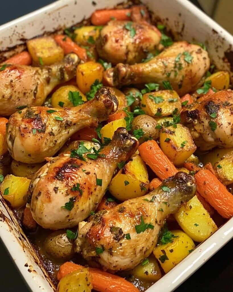 One-Pan Baked Chicken Legs with Potatoes and Carrots Recipe
