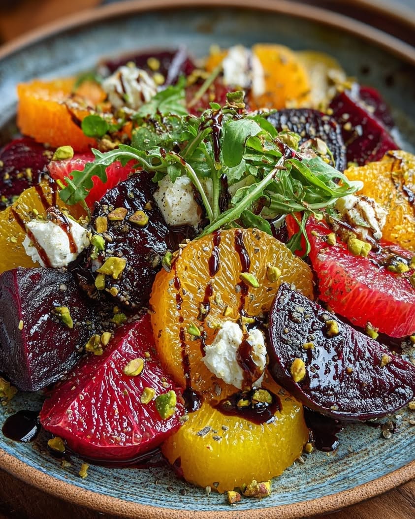 Warm Roasted Beet and Citrus Salad with Goat Cheese and Pistachios