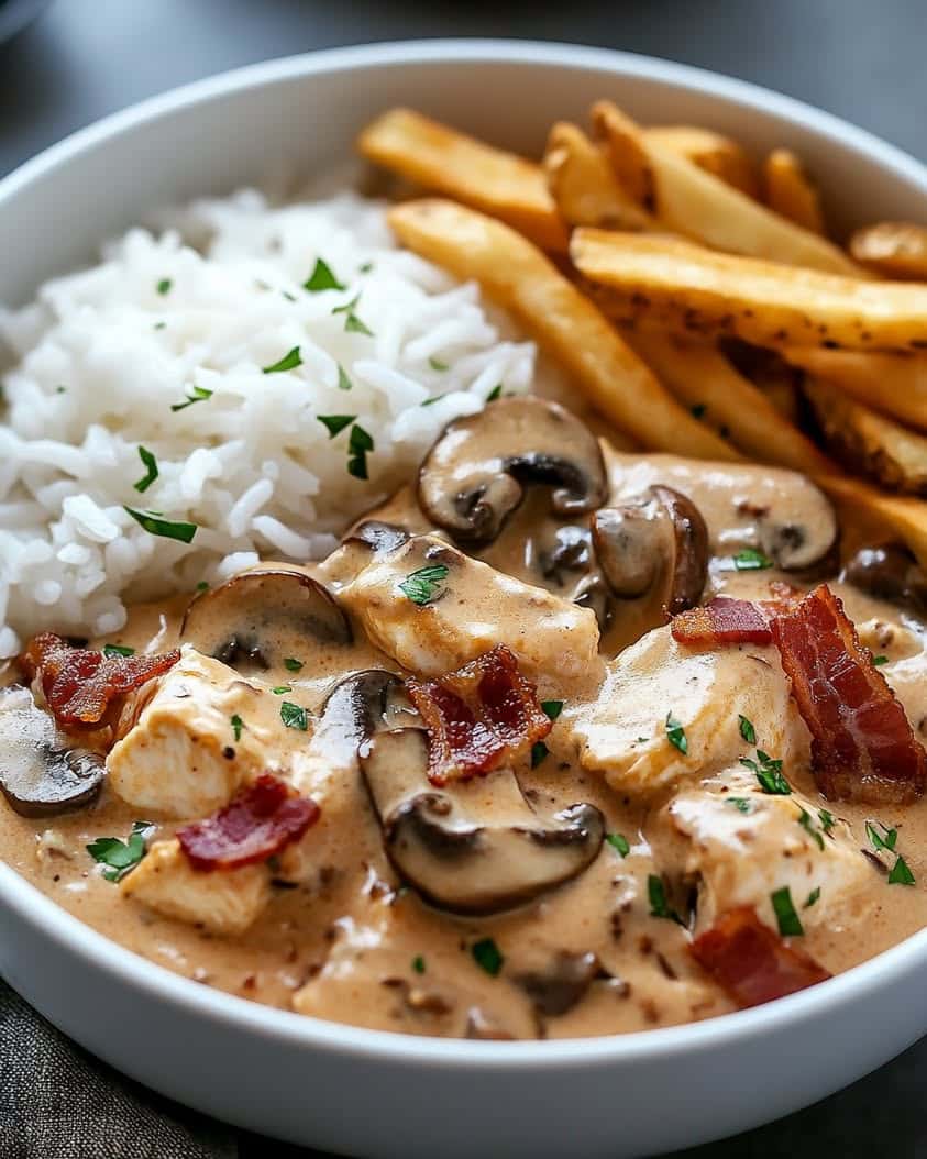 Creamy Chicken Bacon Stroganoff Bowl with Crispy Fries and Rice