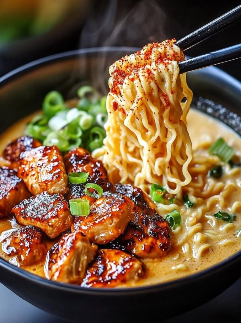 Creamy Fiery Garlic Chicken Ramen with Charred Glazed Chicken