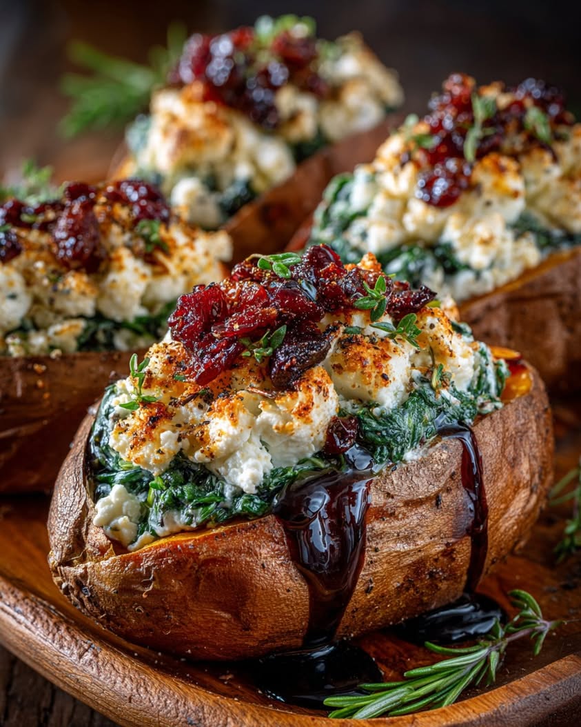 Creamy Ricotta Stuffed Sweet Potatoes with Balsamic Cranberry Glaze