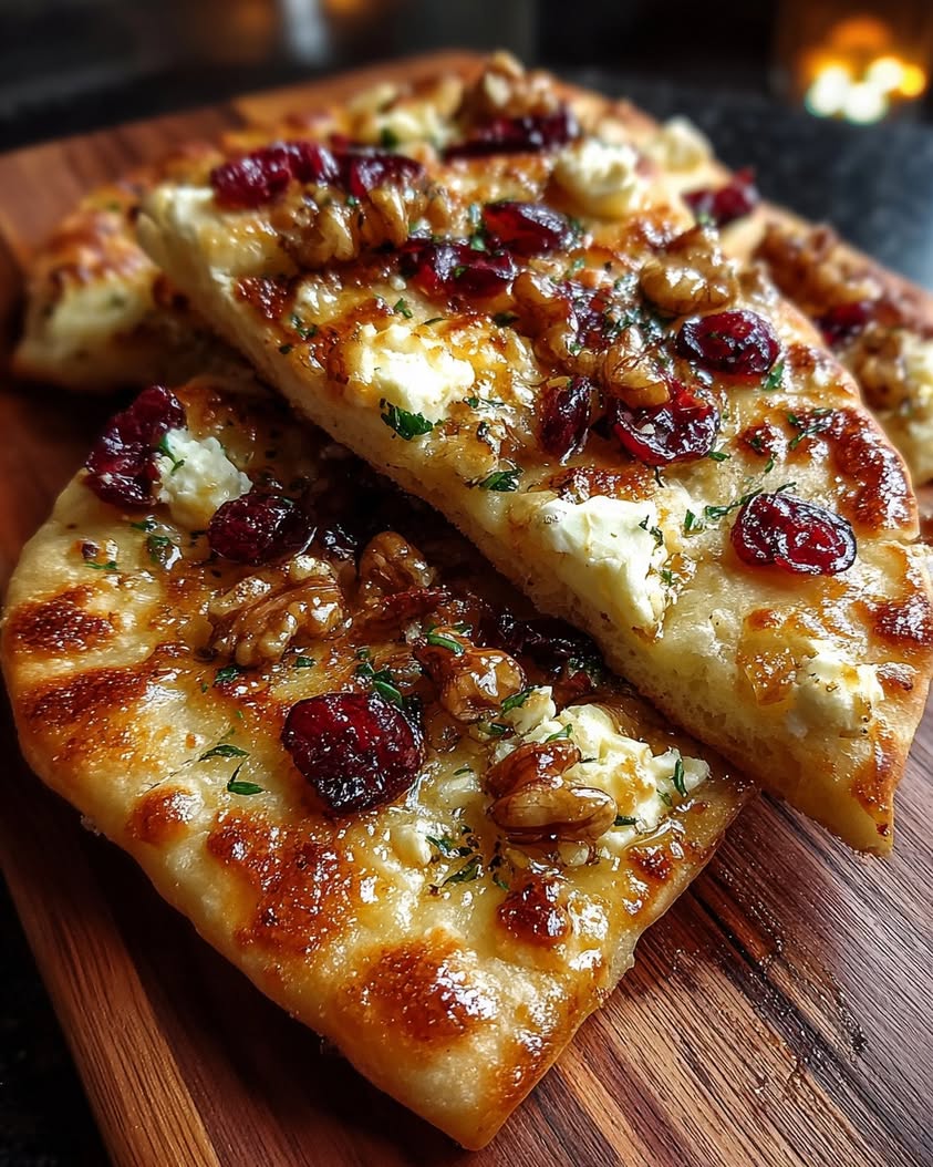 Crispy Flatbread with Brie, Cranberries, Walnuts, and Hot Honey