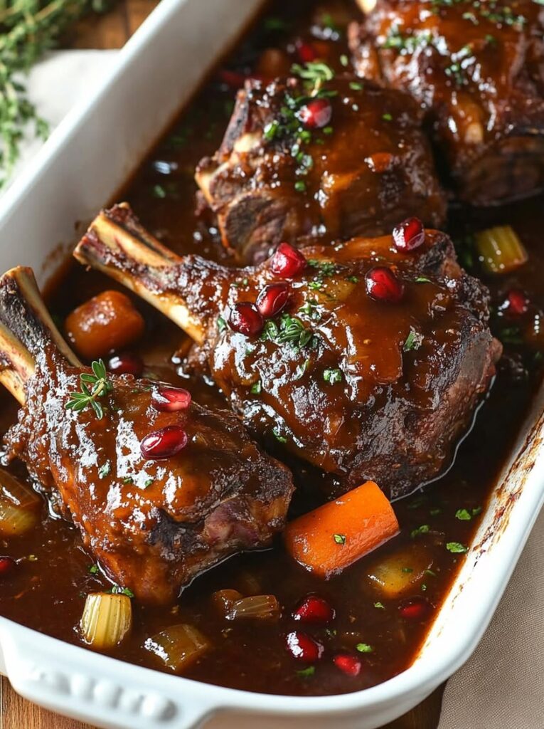 Fall-Apart Mediterranean Lamb Shanks with Red Wine Pomegranate Glaze