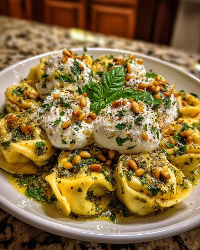 Lemon Pesto Tortellini with Burrata and Roasted Pine Nuts Recipe