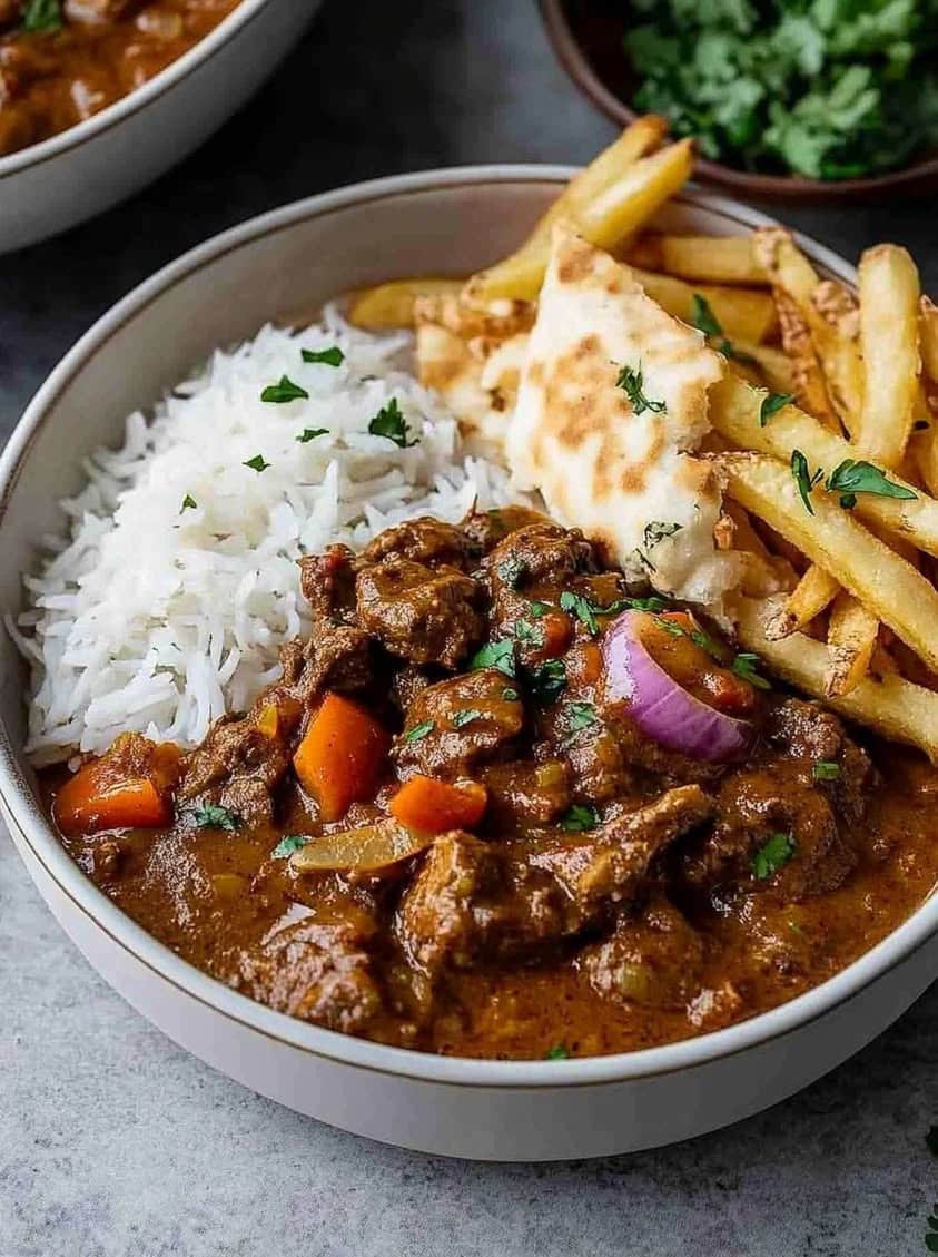 Ultimate Rustic Beef Curry with Fries, Naan, and Caramelized Onions