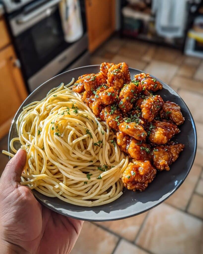 Sweet and Spicy Chicken with Garlic Spaghetti Recipe
