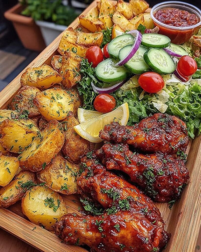 Sticky Chicken Wings with Crispy Fries and Salad